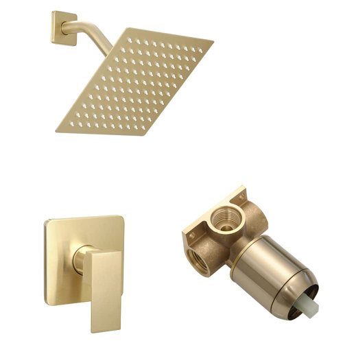 Co-t Brushed Gold Shower System With Stainless Steel 8" Rainfall Showerhead And Wall-Mount Valve ...